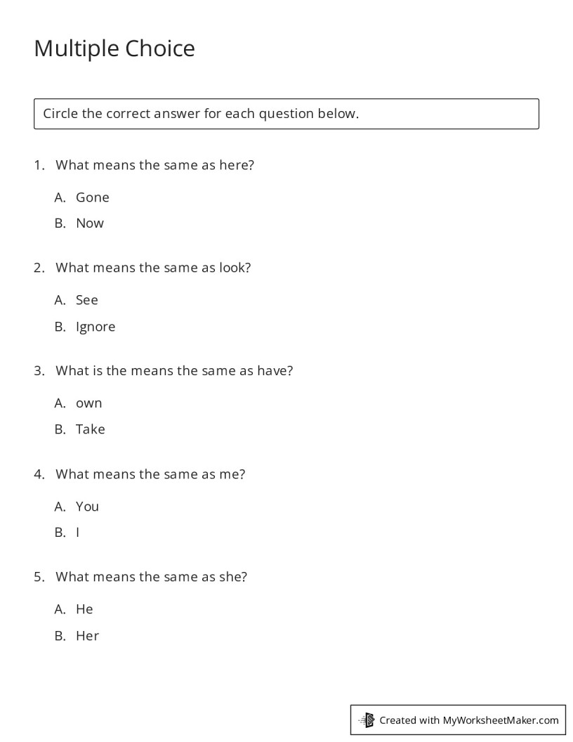 Multiple Choice - My Worksheet Maker: Create Your Own Worksheets