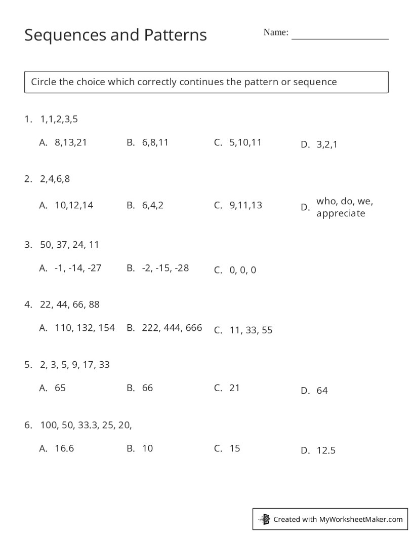 Sequences and Patterns - My Worksheet Maker: Create Your Own Worksheets