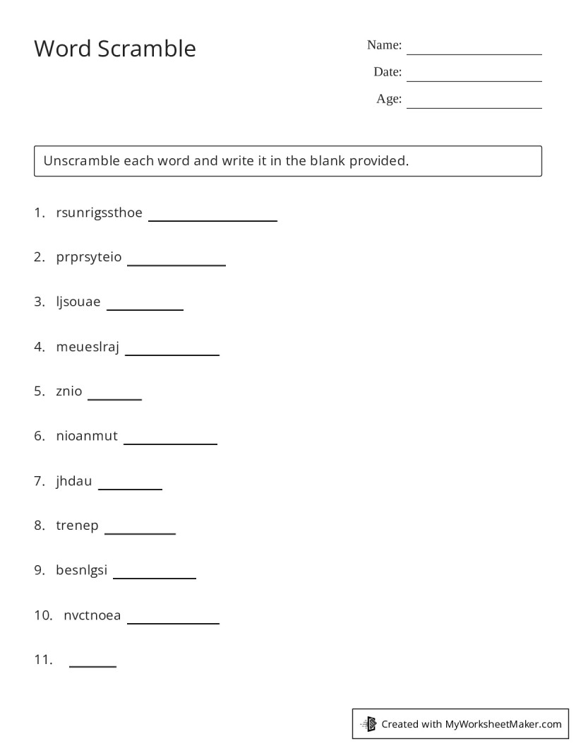 Word Scramble - My Worksheet Maker: Create Your Own Worksheets