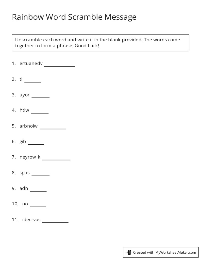 Rainbow Word Scramble Message - My Worksheet Maker: Create Your Own ...