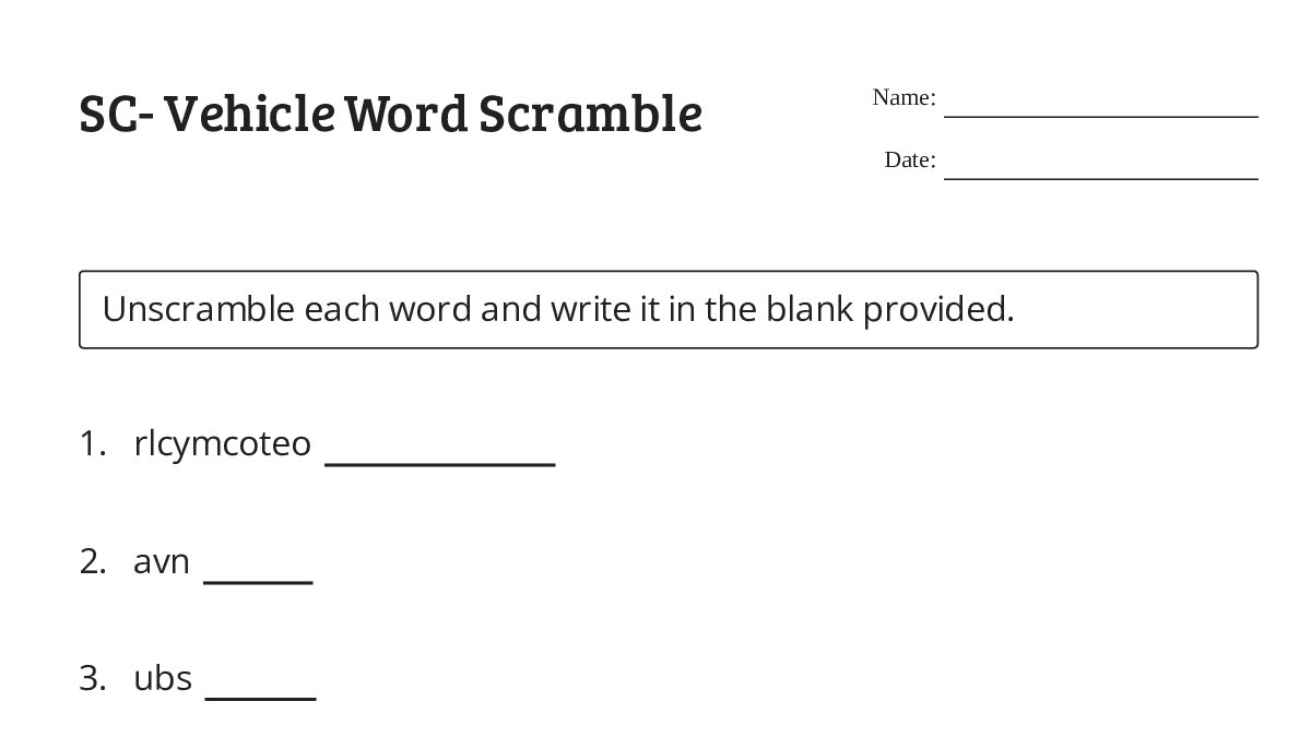 SC- Vehicle Word Scramble - My Worksheet Maker: Create Your Own Worksheets