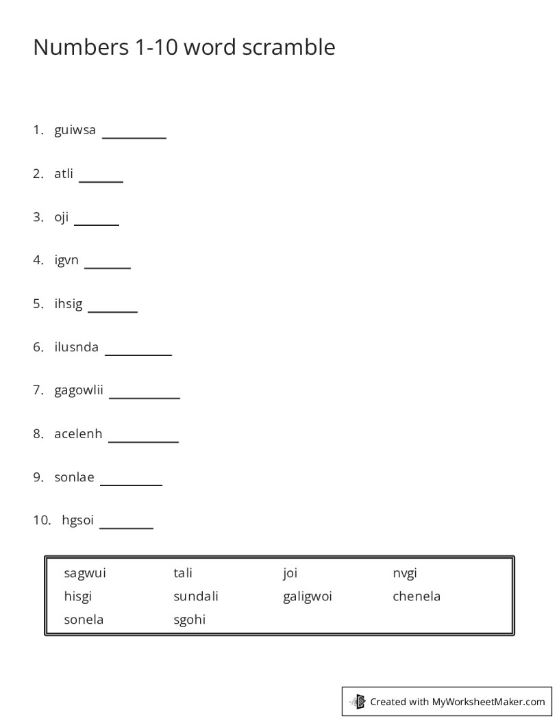 Numbers 1-10 word scramble - My Worksheet Maker: Create Your Own Worksheets