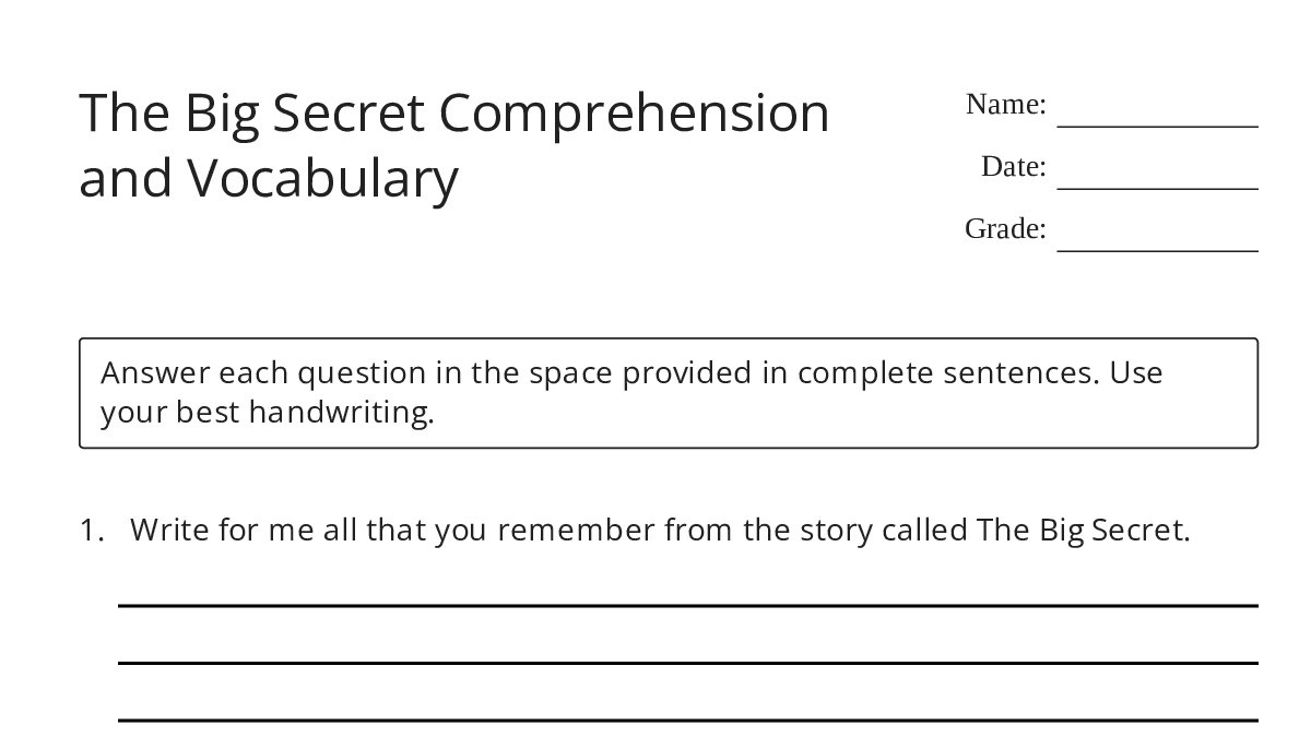 The Big Secret Comprehension and Vocabulary - My Worksheet Maker ...