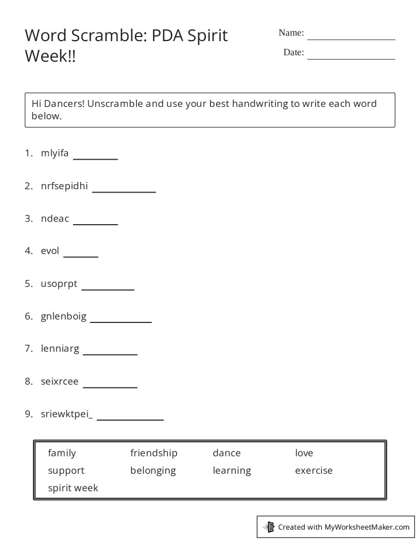 Word Scramble: PDA Spirit Week!! - My Worksheet Maker: Create Your Own ...