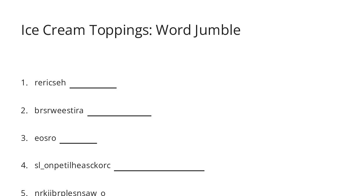 Ice Cream Toppings: Word Jumble - My Worksheet Maker: Create Your Own ...
