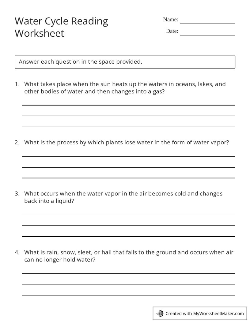 Water Cycle Reading Worksheet - My Worksheet Maker: Create Your Own ...