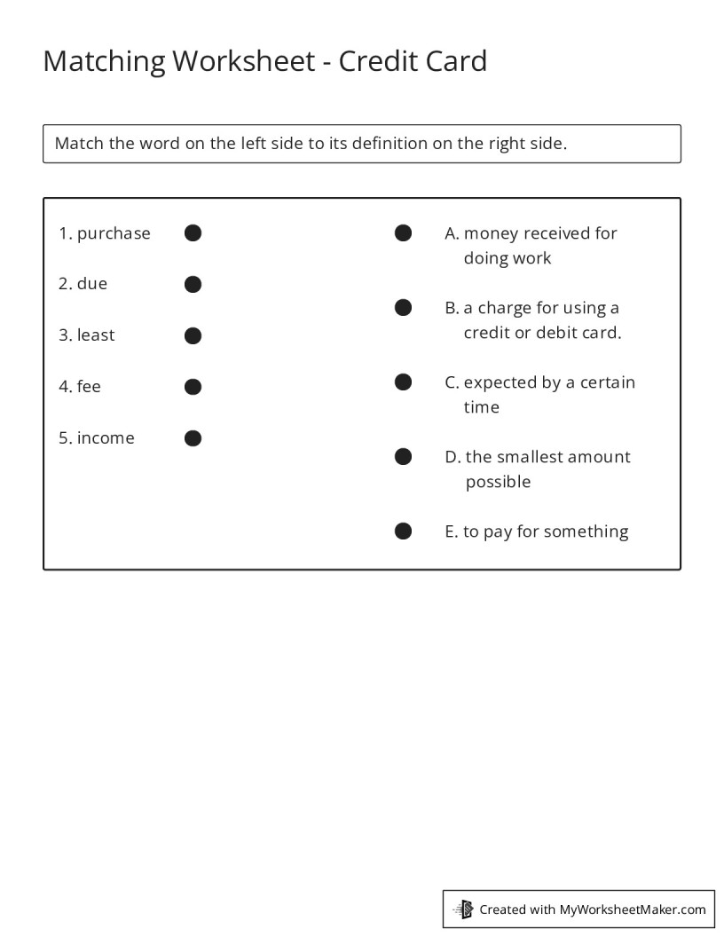 Matching Worksheet - Credit Card - My Worksheet Maker: Create Your Own ...