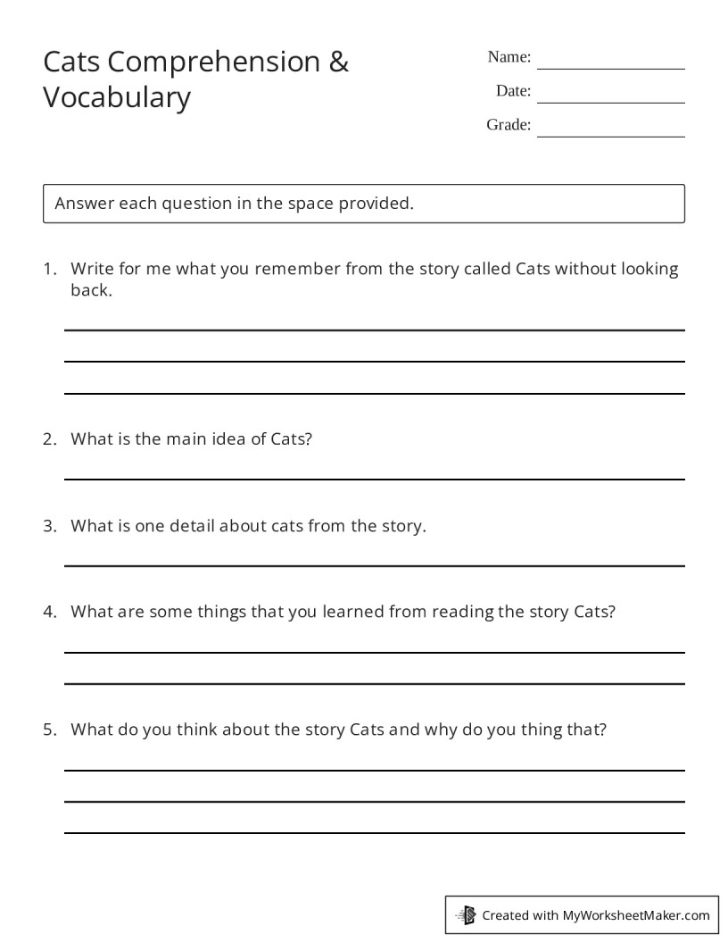 Cats Comprehension & Vocabulary - My Worksheet Maker: Create Your Own ...