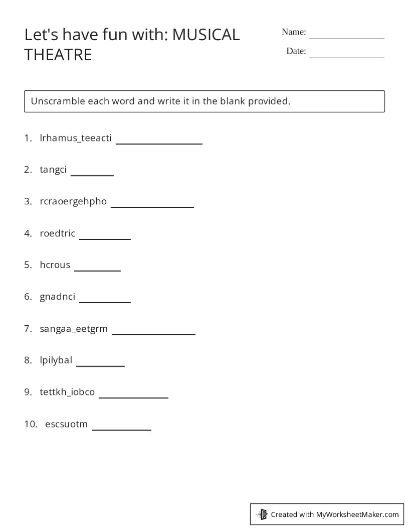 Musical Theatre Worksheets