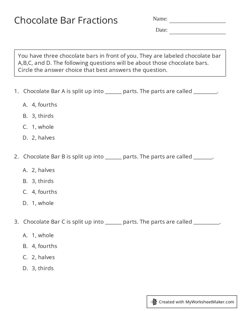 Chocolate Bar Fractions - My Worksheet Maker: Create Your Own Worksheets