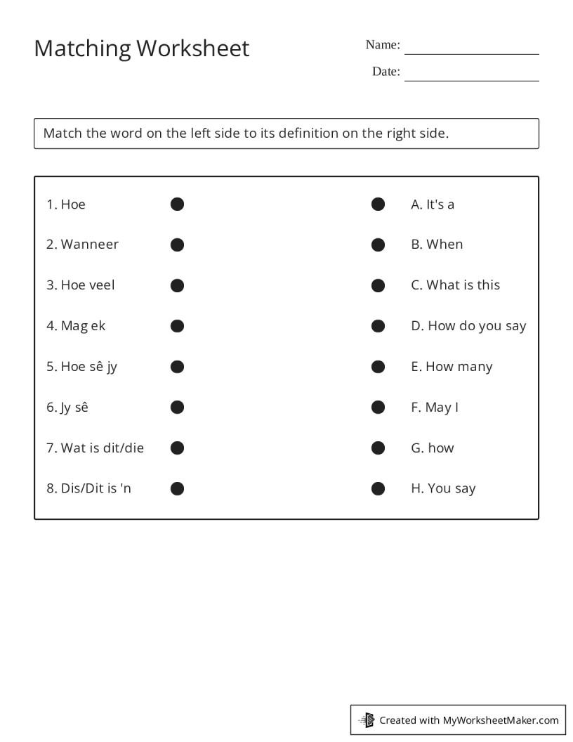 Matching Worksheet - My Worksheet Maker: Create Your Own Worksheets