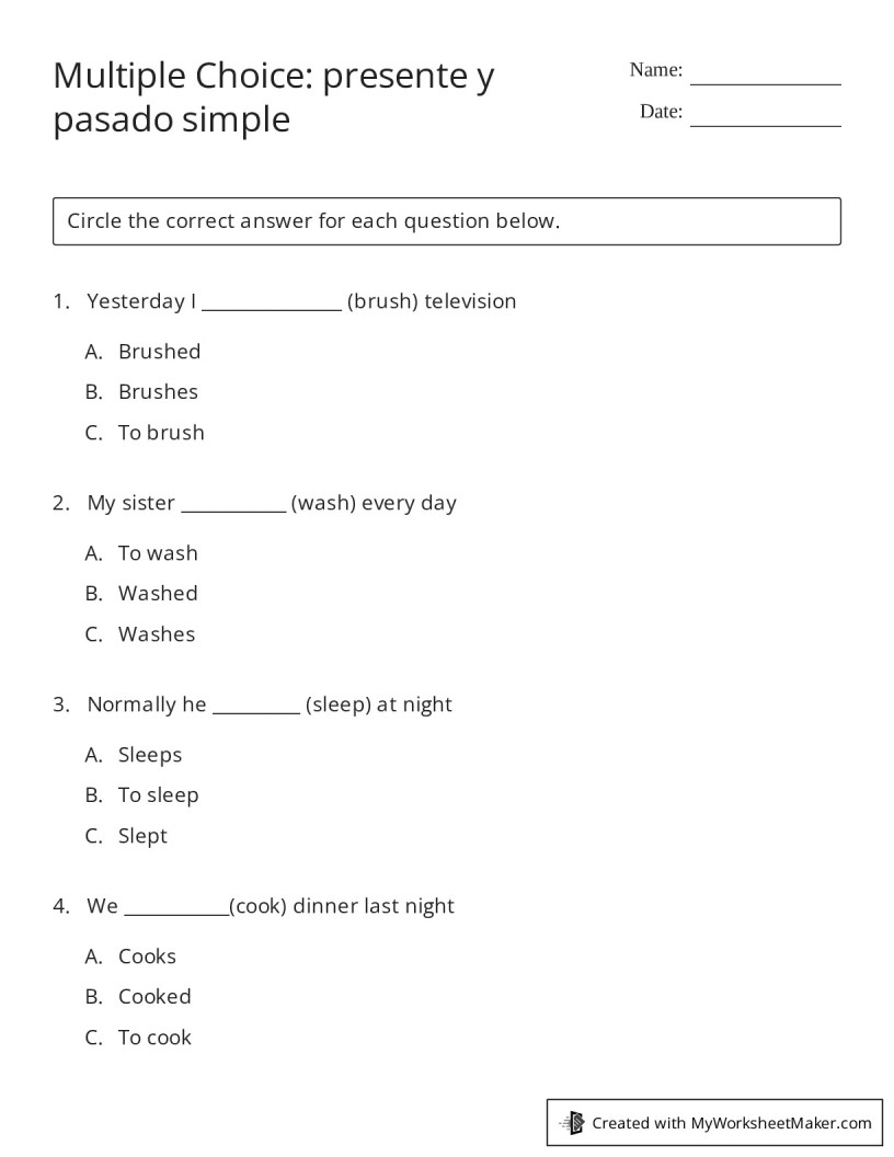 Multiple Choice: presente y pasado simple - My Worksheet Maker: Create ...