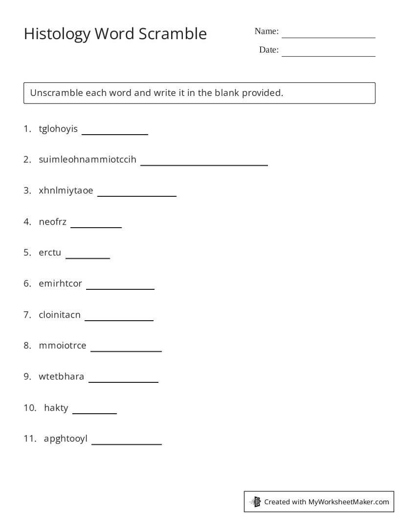 Histology Word Scramble - My Worksheet Maker: Create Your Own Worksheets