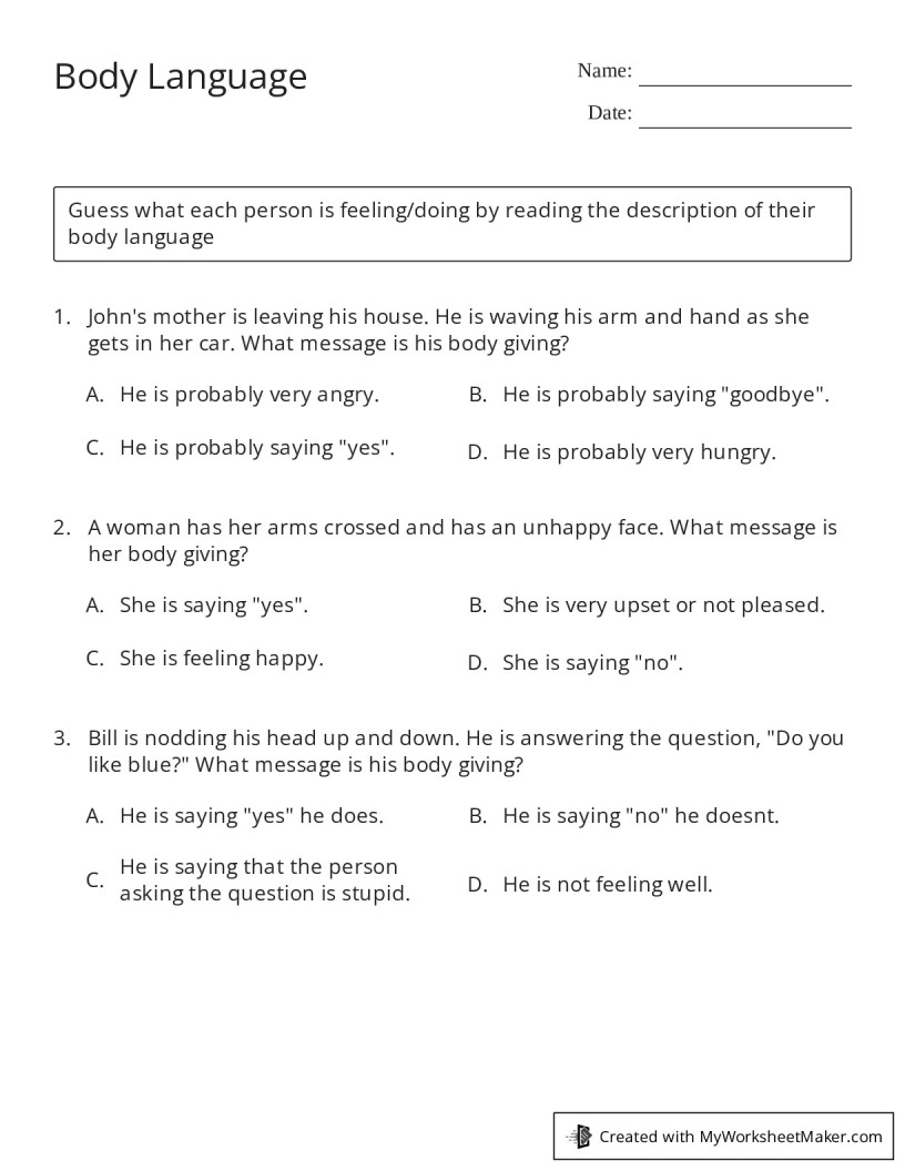 Body Language - My Worksheet Maker: Create Your Own Worksheets