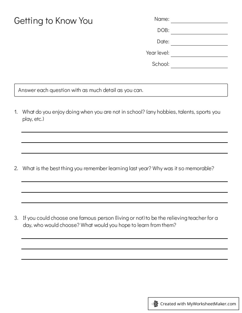 Getting to Know You - My Worksheet Maker: Create Your Own Worksheets