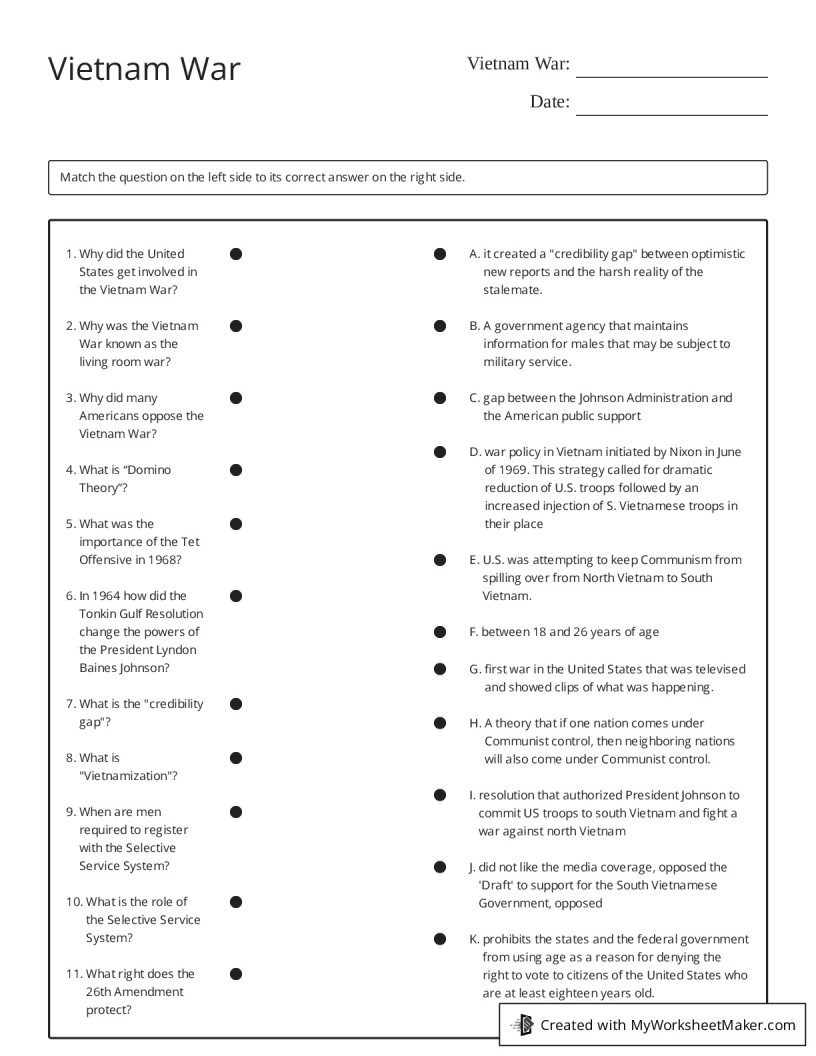 Vietnam War - My Worksheet Maker: Create Your Own Worksheets