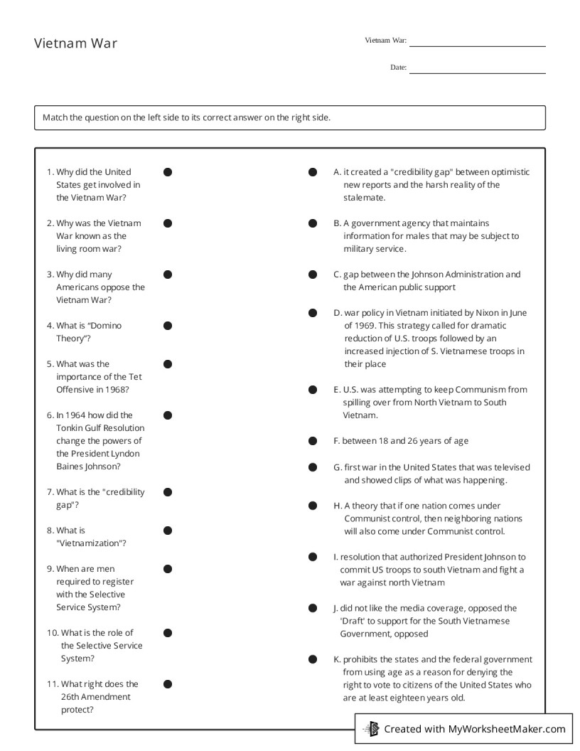 Vietnam War - My Worksheet Maker: Create Your Own Worksheets