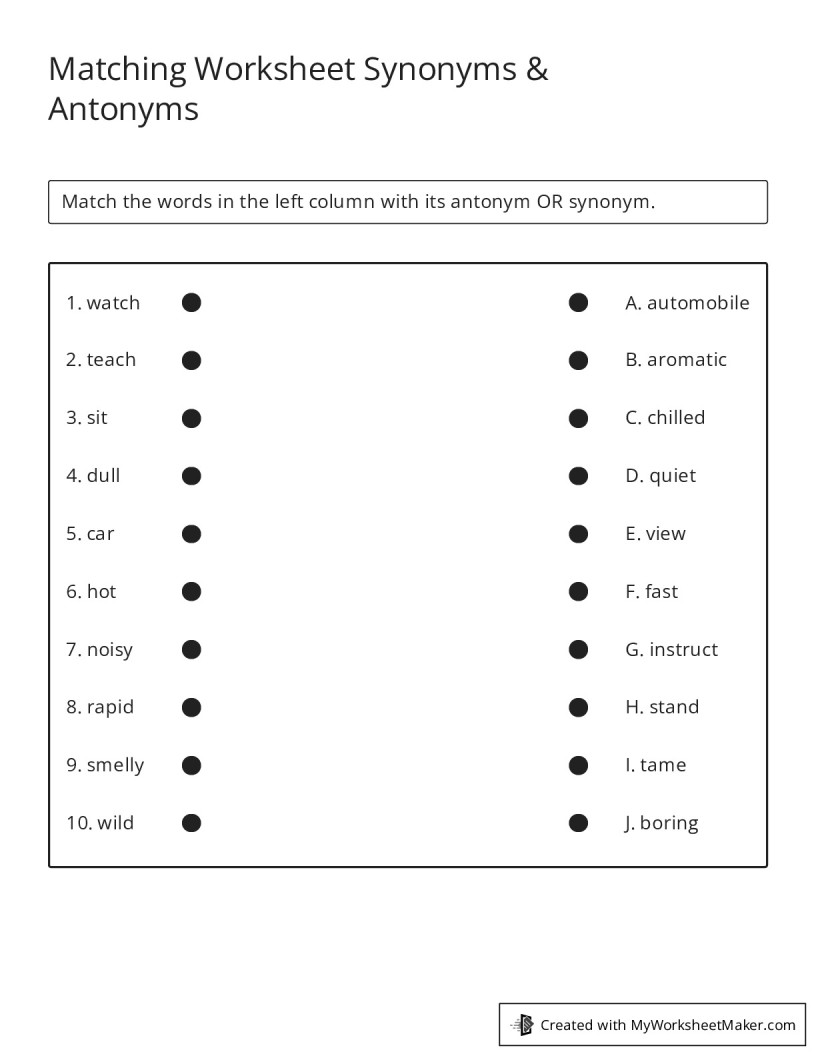 Matching Worksheet Synonyms & Antonyms - My Worksheet Maker: Create ...