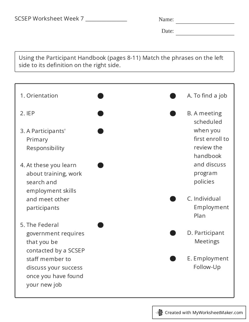 SCSEP Worksheet Week 7 _________________ - My Worksheet Maker: Create ...