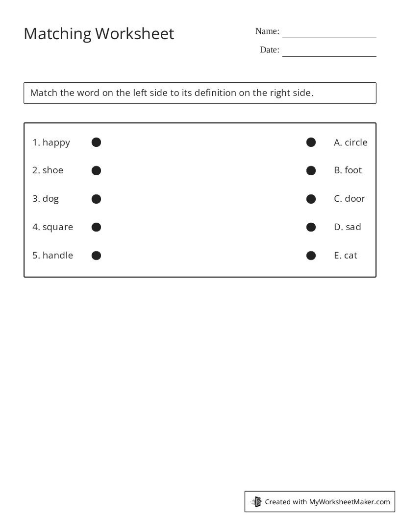 Matching Worksheet - My Worksheet Maker: Create Your Own Worksheets