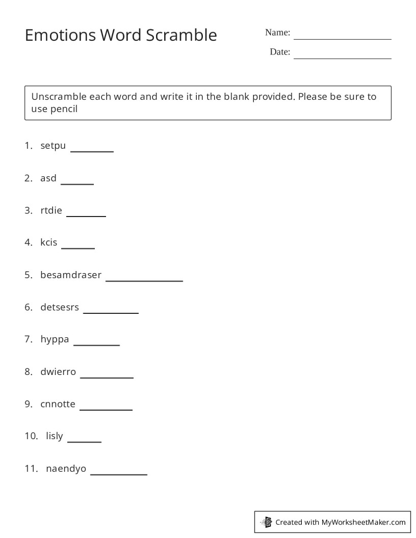 Emotions Word Scramble - My Worksheet Maker: Create Your Own Worksheets