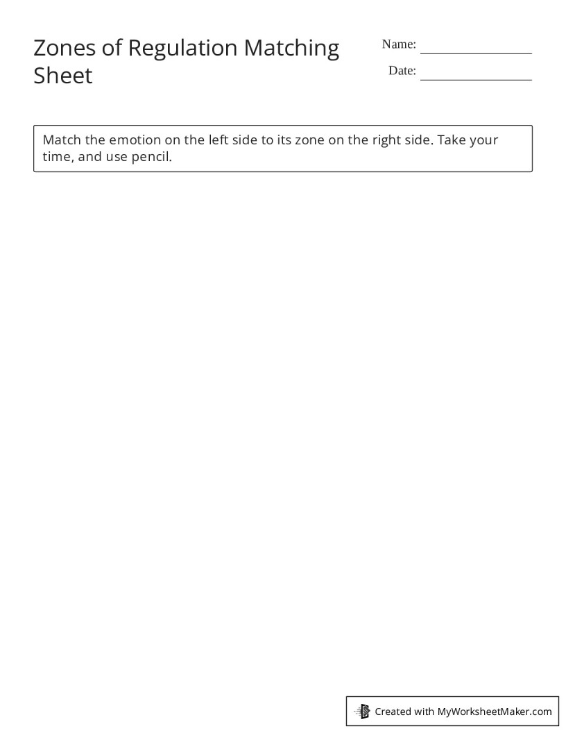 Zones of Regulation Matching Sheet - My Worksheet Maker: Create Your ...