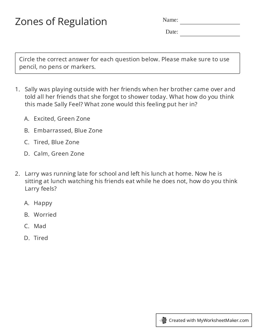 Zones of Regulation - My Worksheet Maker: Create Your Own Worksheets