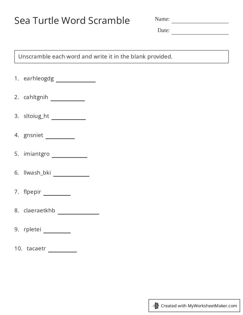 Sea Turtle Word Scramble - My Worksheet Maker: Create Your Own Worksheets