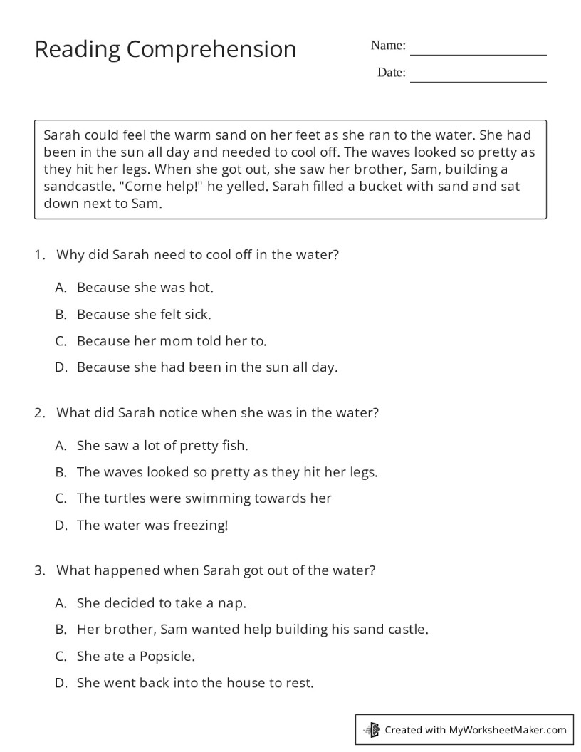 Reading Comprehension - My Worksheet Maker: Create Your Own Worksheets