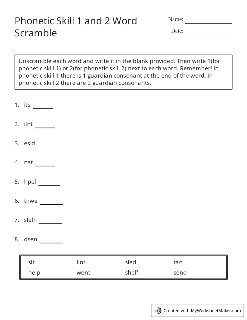 Phonetic Skill 1 and 2 Word Scramble - My Worksheet Maker: Create Your ...