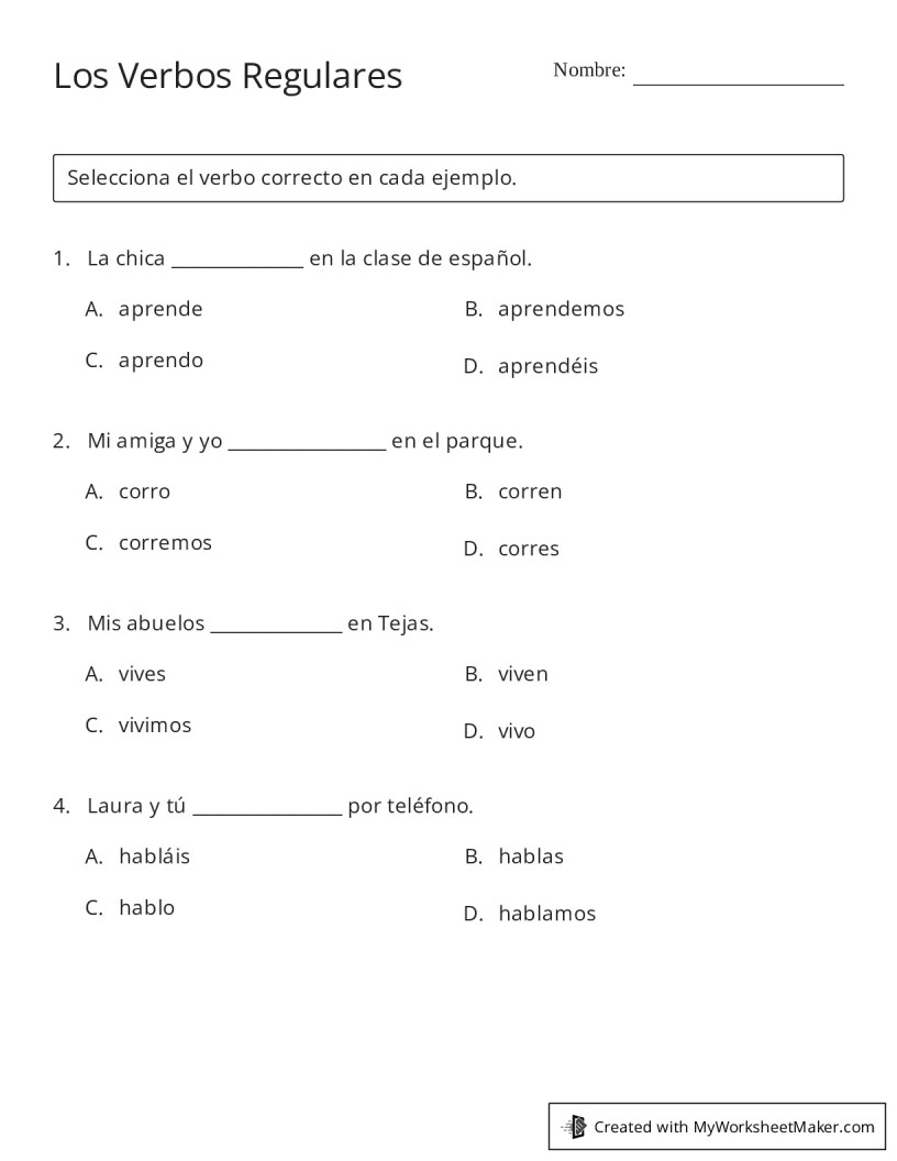 Los Verbos Regulares - My Worksheet Maker: Create Your Own Worksheets