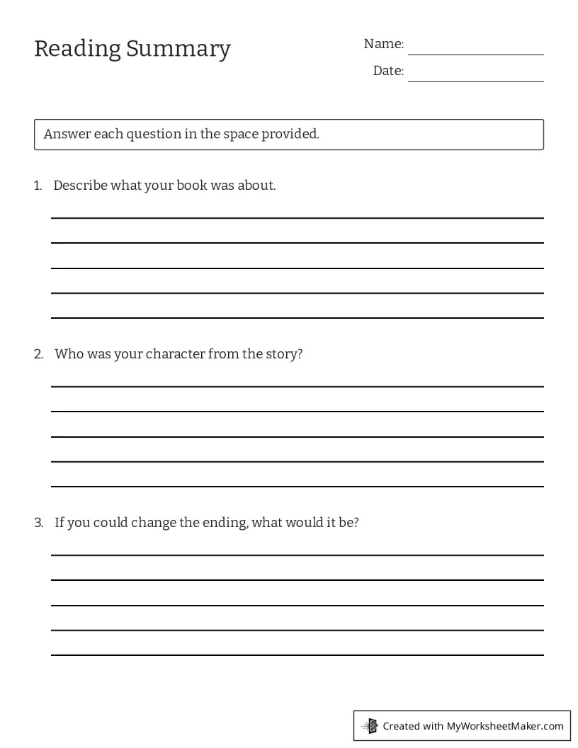 Reading Summary - My Worksheet Maker: Create Your Own Worksheets