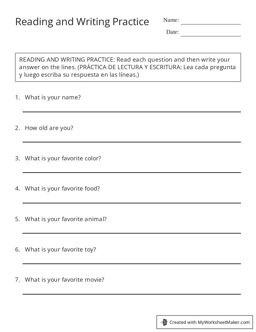 Reading and Writing Practice - My Worksheet Maker: Create Your Own ...