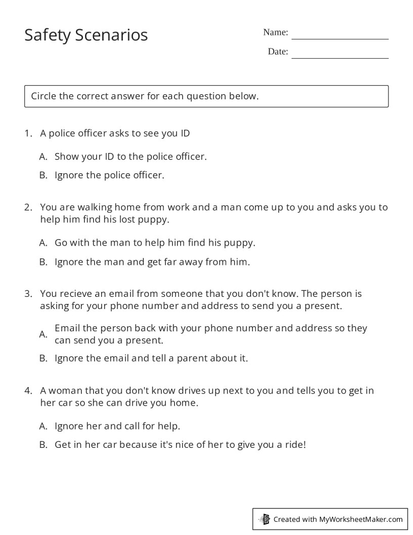 Safety Scenarios - My Worksheet Maker: Create Your Own Worksheets