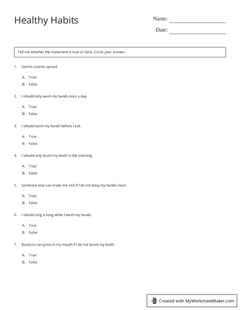Healthy Habits - My Worksheet Maker: Create Your Own Worksheets
