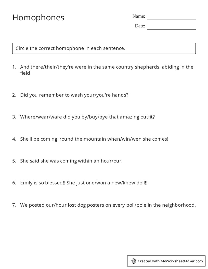Homophones - My Worksheet Maker: Create Your Own Worksheets