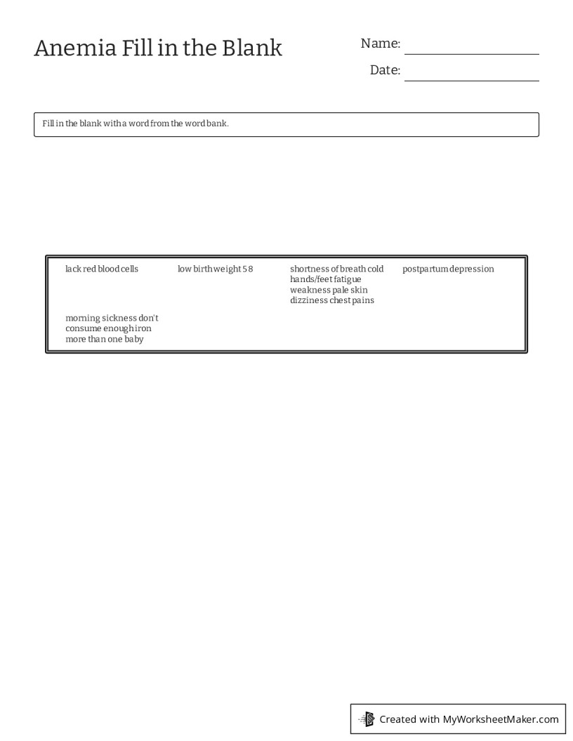 Anemia Fill in the Blank - My Worksheet Maker: Create Your Own Worksheets