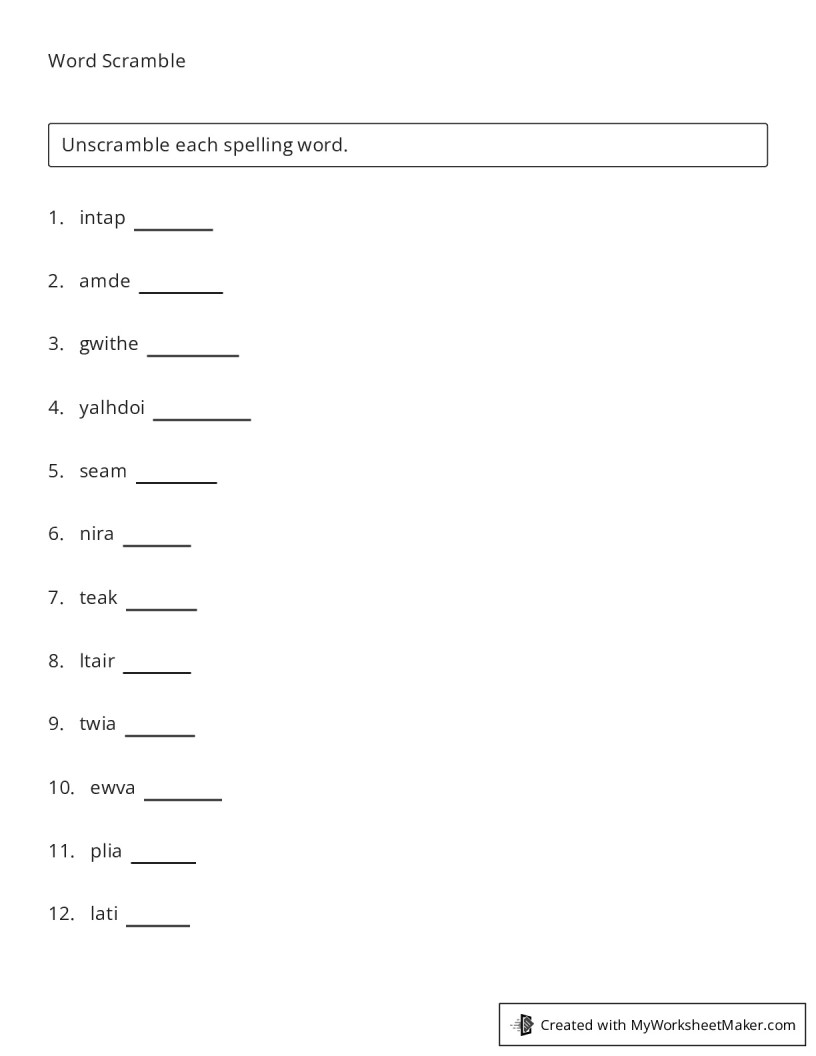 Word Scramble - My Worksheet Maker: Create Your Own Worksheets