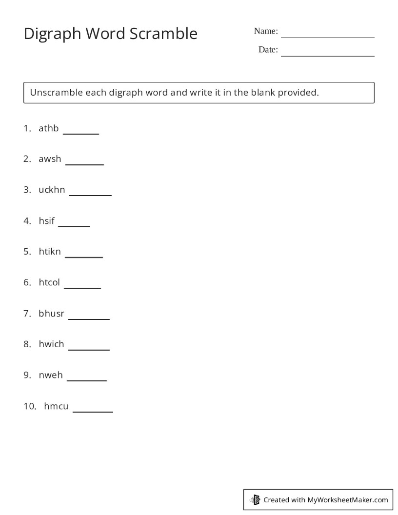 Digraph Word Scramble - My Worksheet Maker: Create Your Own Worksheets