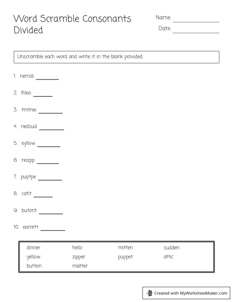 Word Scramble Consonants Divided - My Worksheet Maker: Create Your Own ...