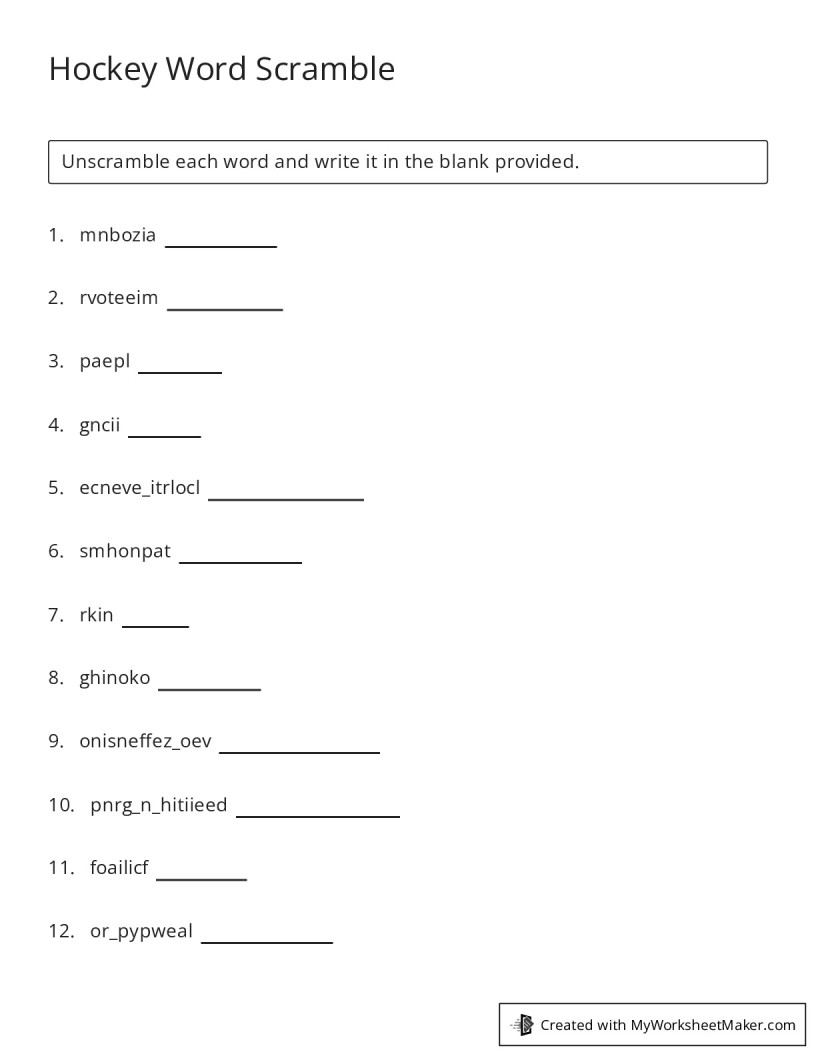 Hockey Word Scramble - My Worksheet Maker: Create Your Own Worksheets
