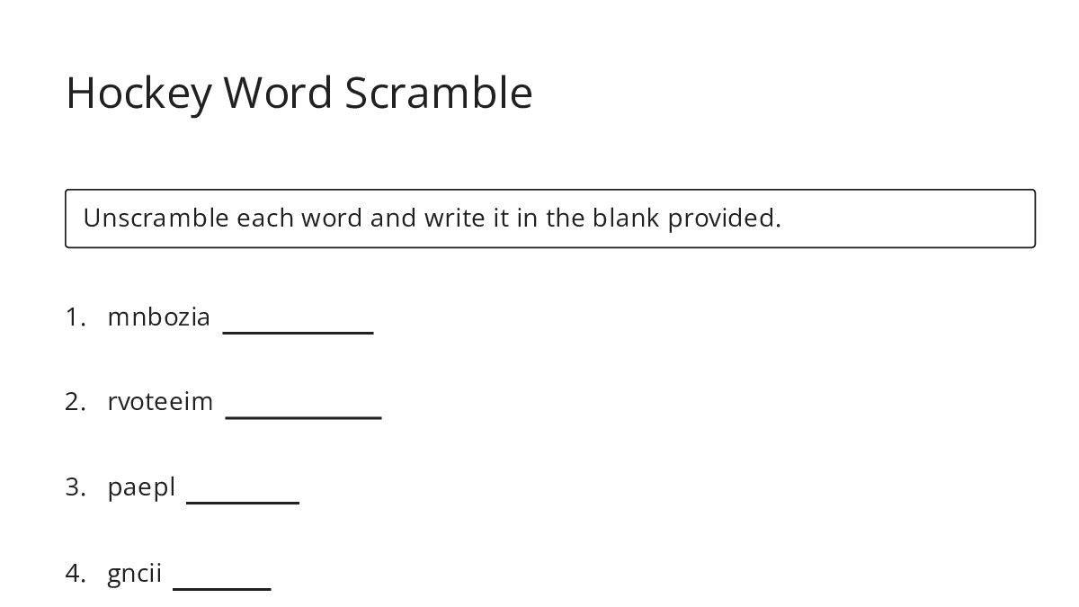 Hockey Word Scramble - My Worksheet Maker: Create Your Own Worksheets