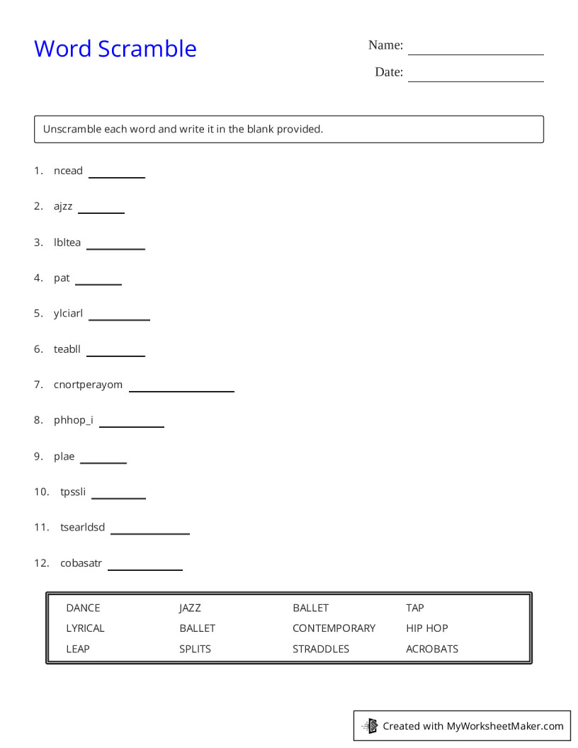 Word Scramble - My Worksheet Maker: Create Your Own Worksheets