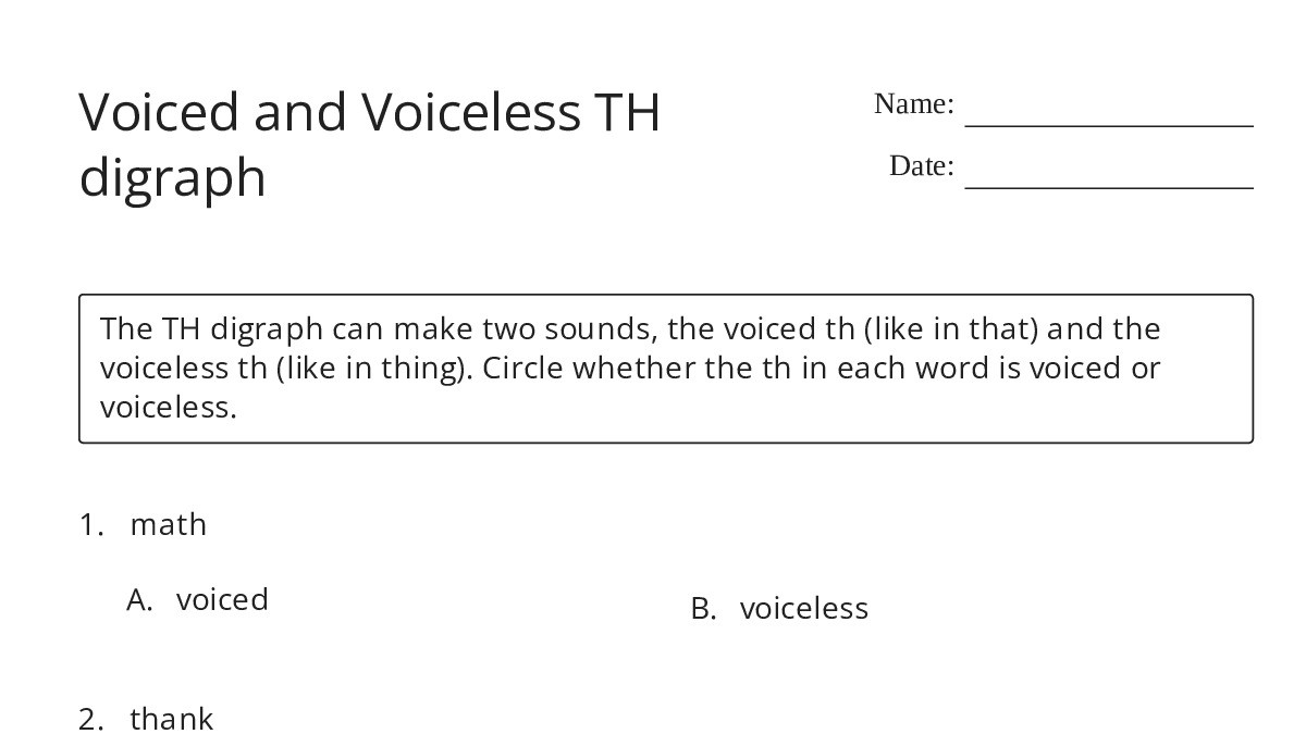 Voiced and Voiceless TH digraph - My Worksheet Maker: Create Your Own ...