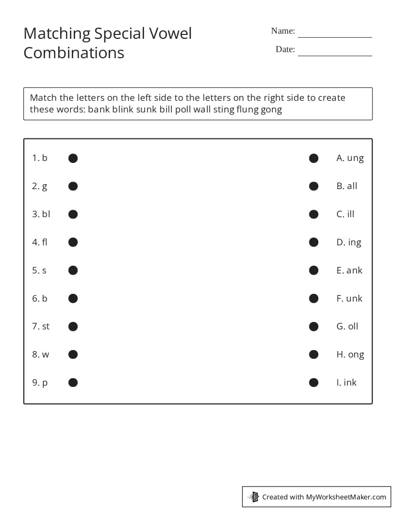 Matching Special Vowel Combinations - My Worksheet Maker: Create Your ...