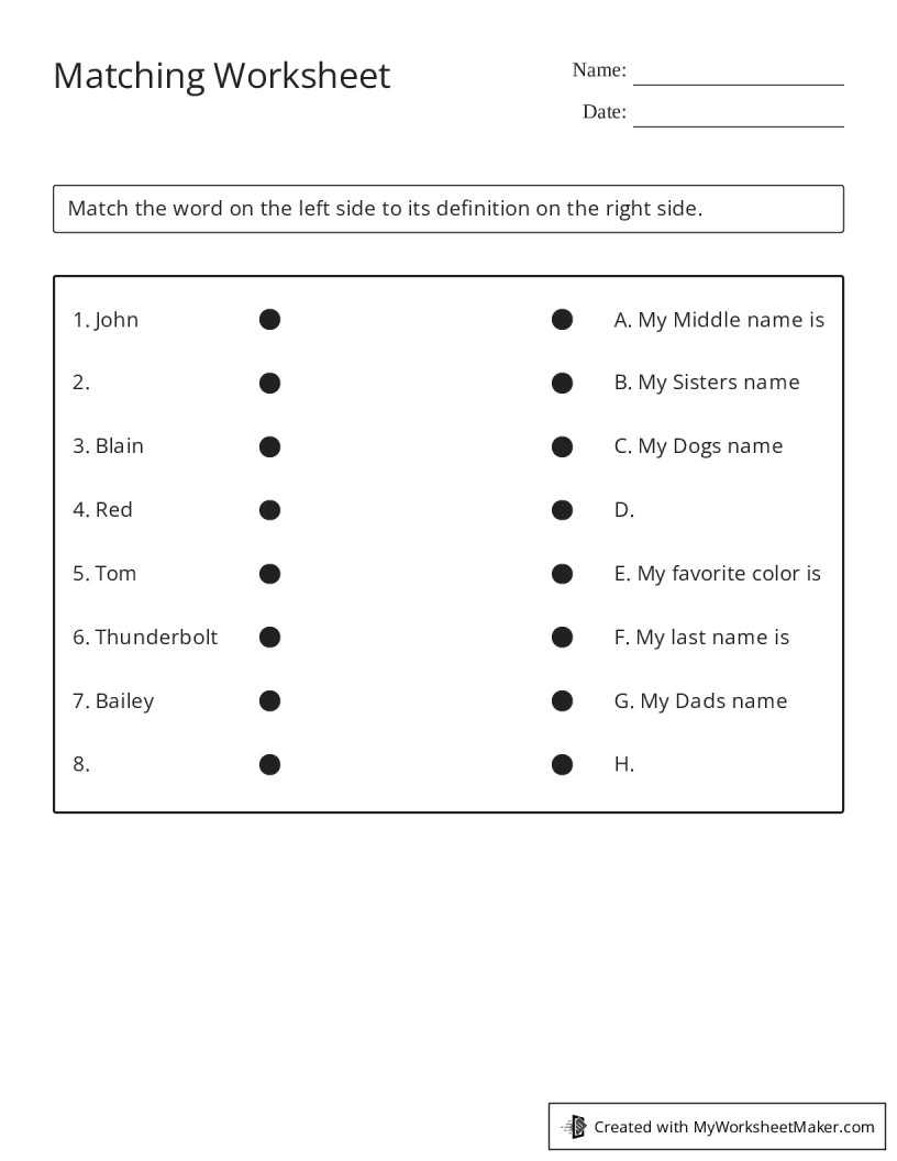 Matching Worksheet - My Worksheet Maker: Create Your Own Worksheets
