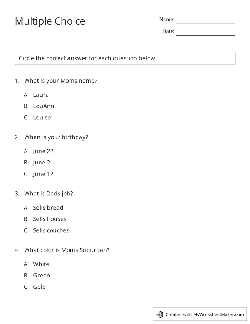 Multiple Choice - My Worksheet Maker: Create Your Own Worksheets