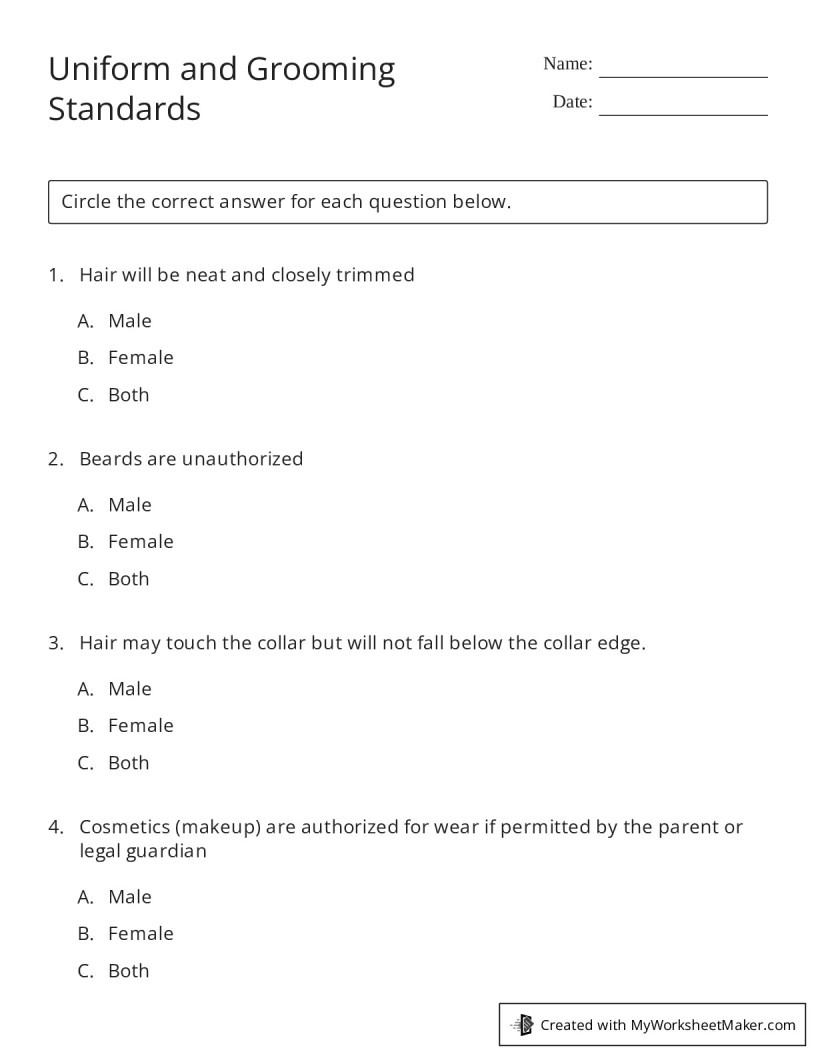 Uniform and Grooming Standards - My Worksheet Maker: Create Your Own ...