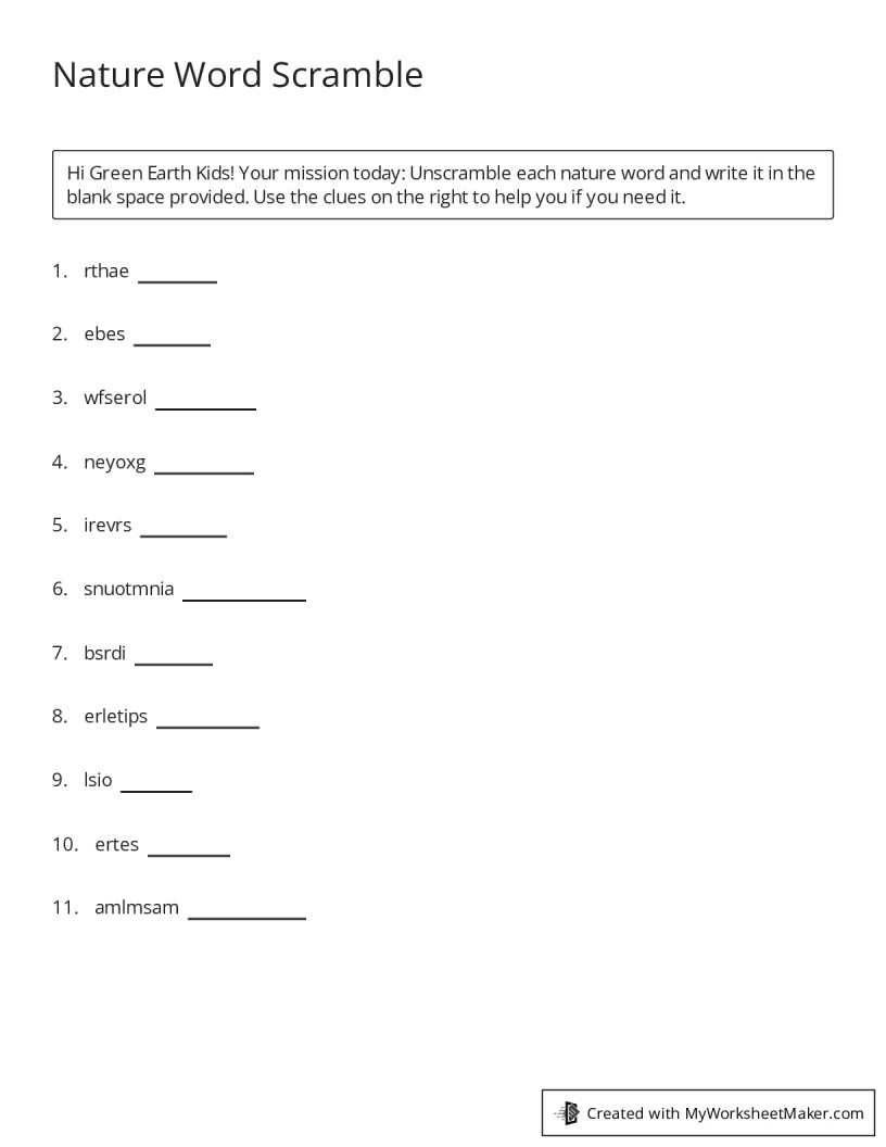 Nature Word Scramble - My Worksheet Maker: Create Your Own Worksheets