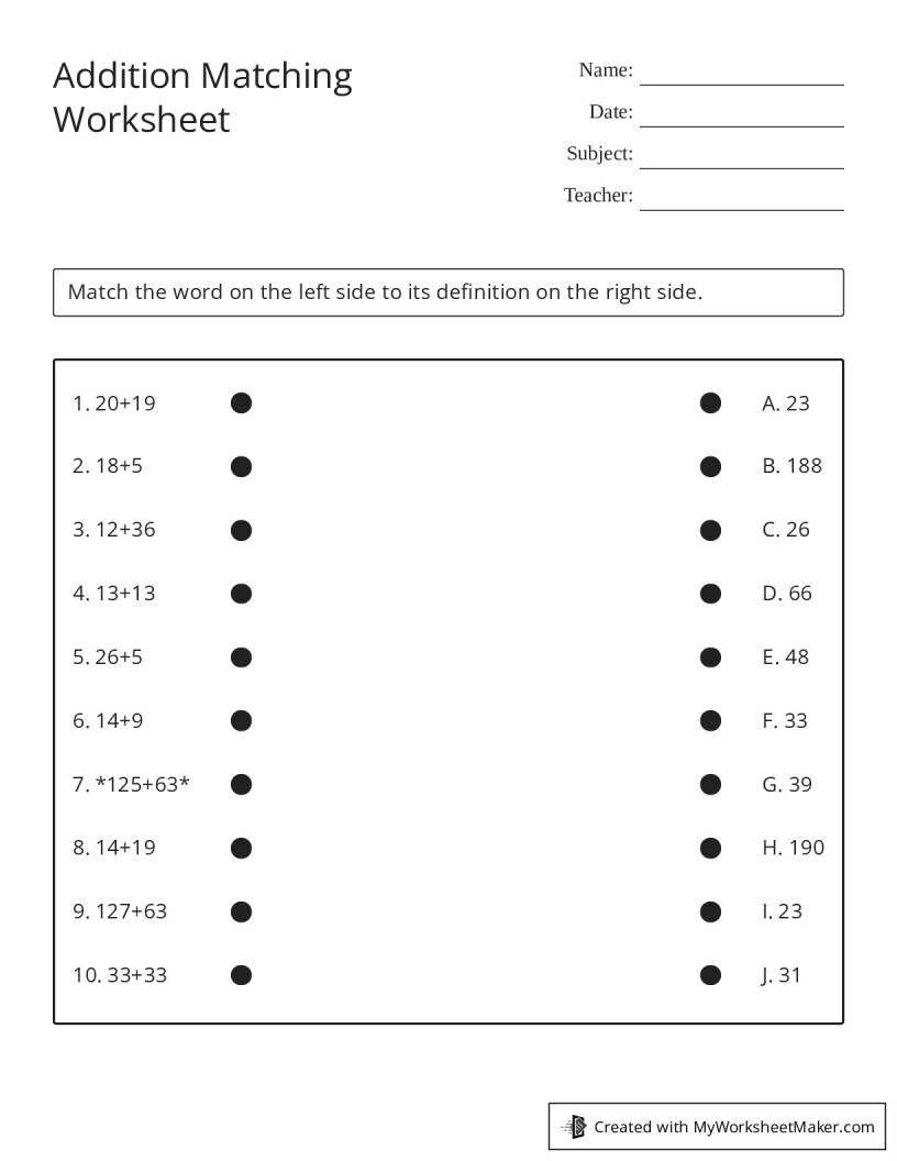 Addition Matching Worksheet - My Worksheet Maker: Create Your Own ...
